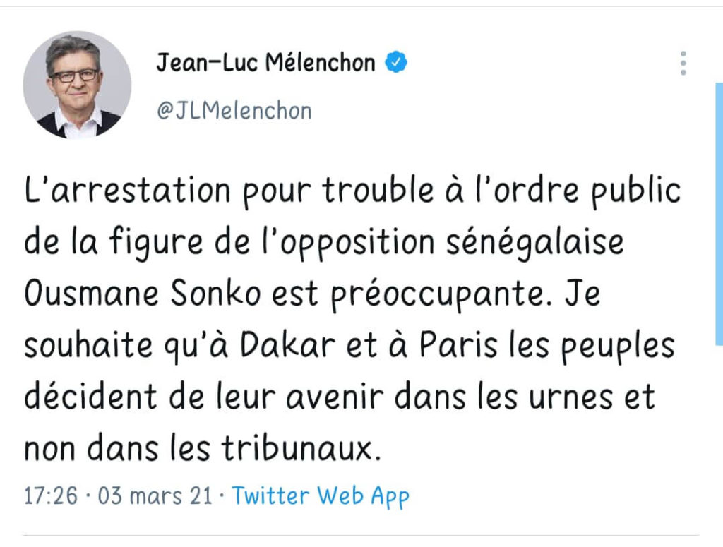 Arrestation de Sonko : le député français Jean-luc Mélenchon réagit ... Arrestation de Sonko : le député français Jean-luc Mélenchon réagit ...